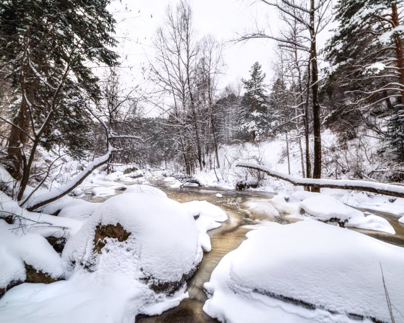 Freezing Small River among the Trees Stock Image - Image of small, snow ...