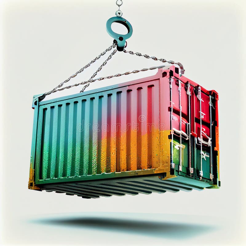 Freight Container in Air. Large Container on Chain Loading Stock ...