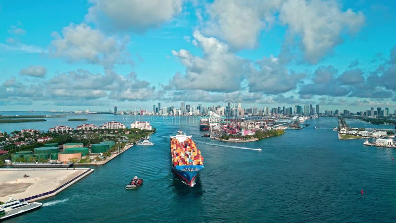 Freight Container on Cargo Vessel. Ship Vessel Leaving Port. Container ...