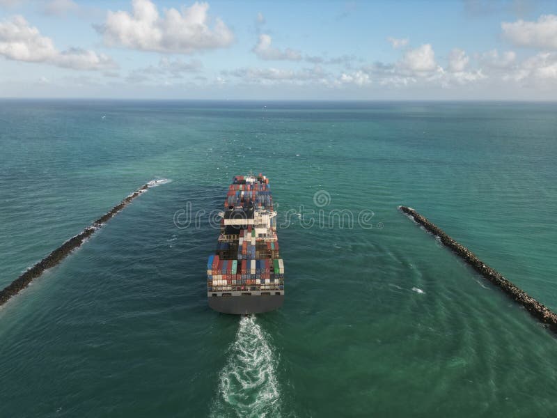 Freight Container Loaded on Cargo Vessel in Miami. Aerial View Cargo ...