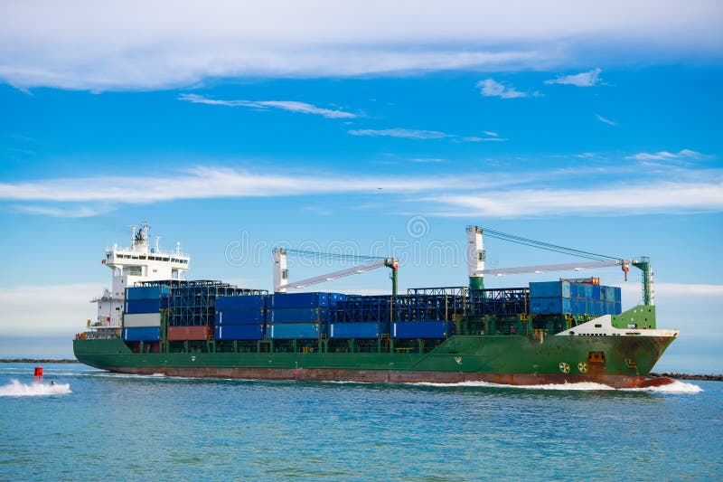 Freight Container Loaded on Cargo Vessel. View of Cargo Ship Navigating ...