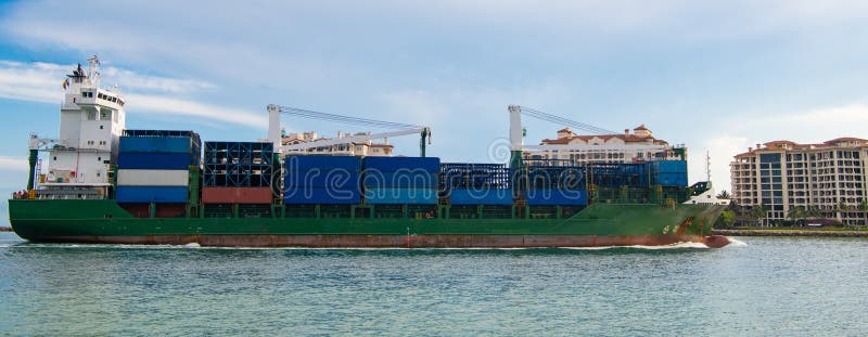 Freight Container Loaded on Cargo Vessel. View of Cargo Ship Navigating ...