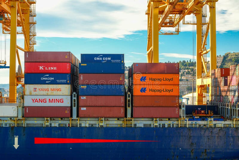 Freight Containers on Ship in Harbor in Barcelona Spain Editorial Stock ...