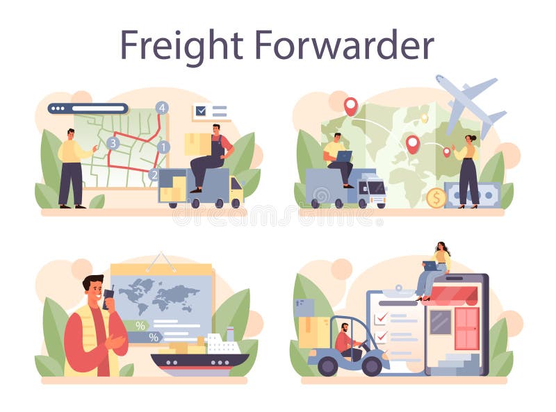 Freight Forwarder Concept Set. Loader in Uniform Delivering a Cargo ...