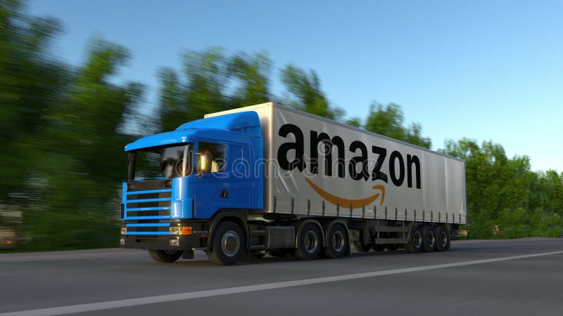 Freight Semi Truck with Amazon.com Logo Driving Along Forest Road ...