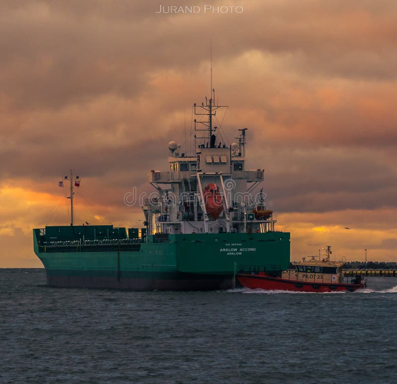 Freight Ship in Port at Sunset Editorial Stock Image - Image of boat ...