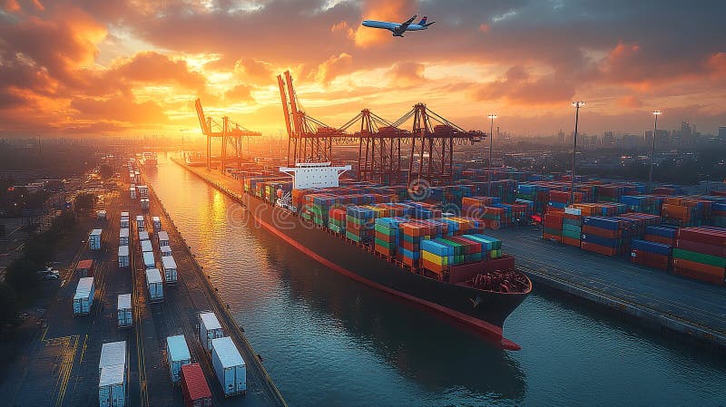 Freight Ship Unloading Containers with Airplane Overhead, Representing ...