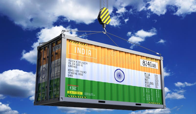 India - Freight Shipping Container with National Flag on Crane Hook ...