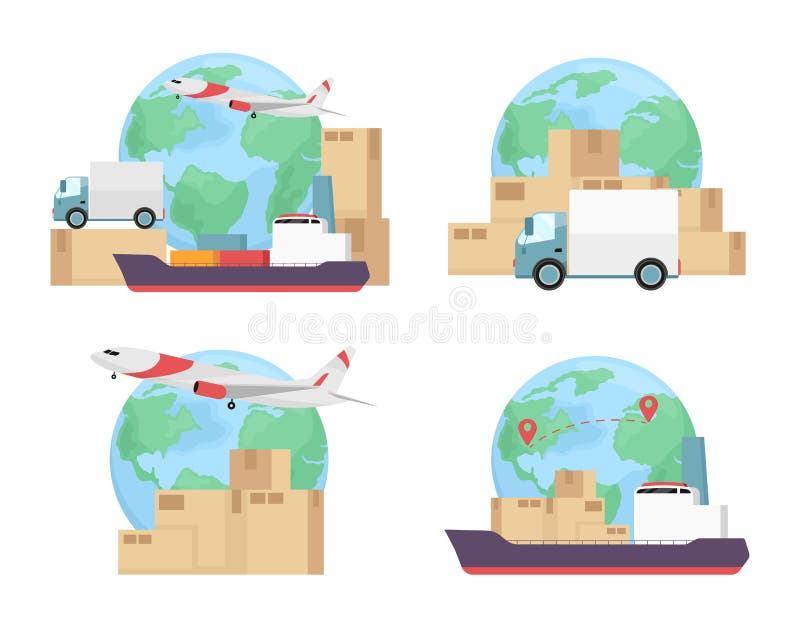 Freight Shipping Modes Flat Concept Vector Illustration Set Stock ...