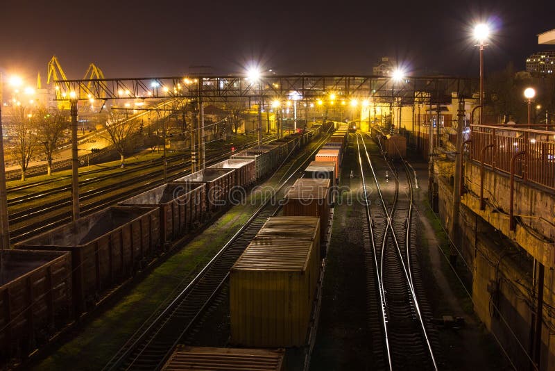 Freight Station with Trains at Night Stock Image - Image of railroad ...