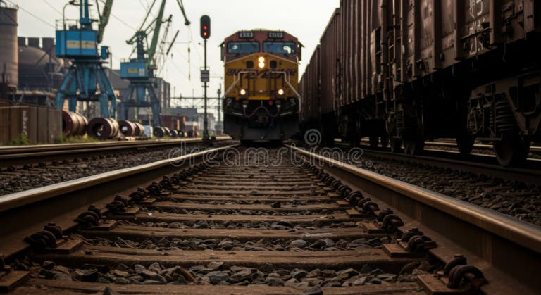 Freight Train Approaching on Industrial Railroad Tracks Stock Illustration - Illustration of ...