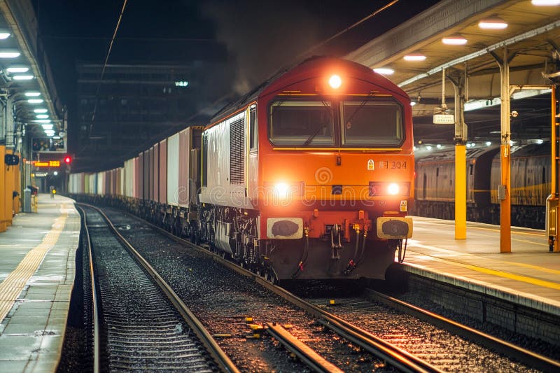Freight Train Arrives at the Station during Nighttime with Cargo ...