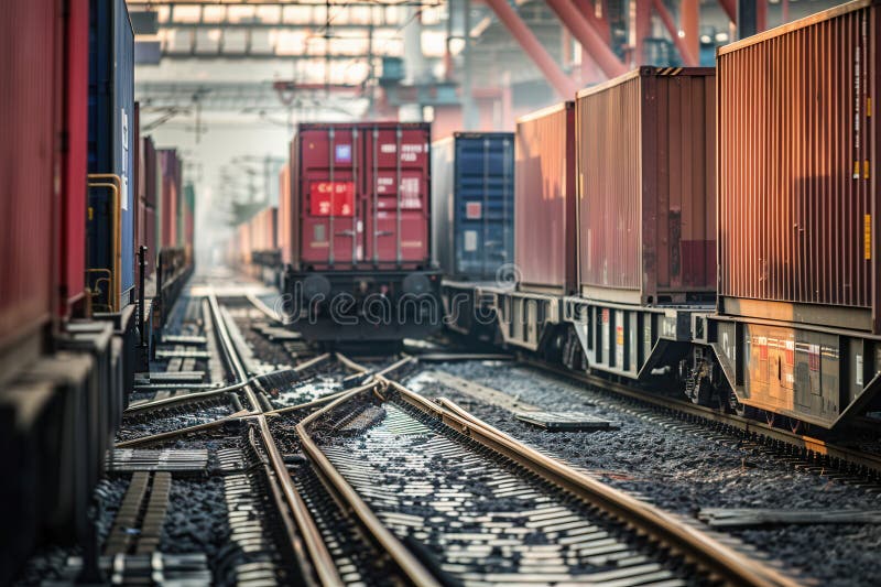 A Freight Train is Being Loaded with Colorful Containers at a Railway ...