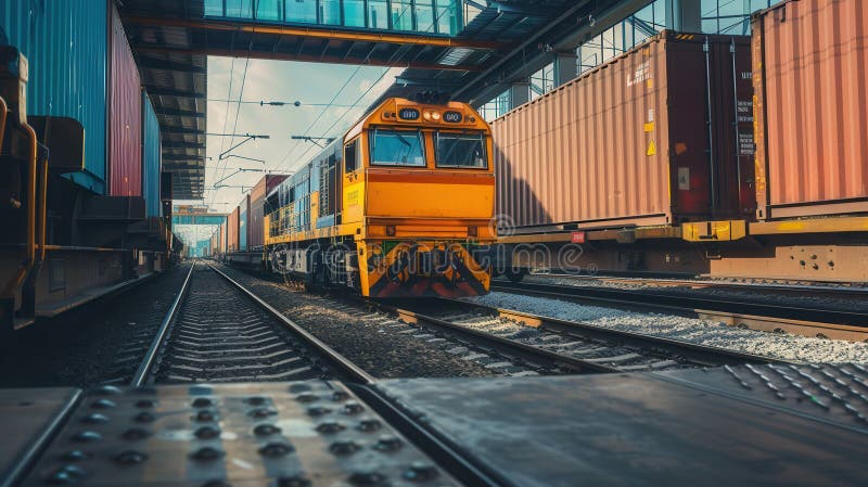 A Freight Train is Being Loaded with Containers at a Bustling Railway ...