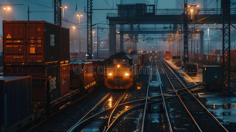 The Freight Train is Being Loaded with Multiple Containers at a Railway ...