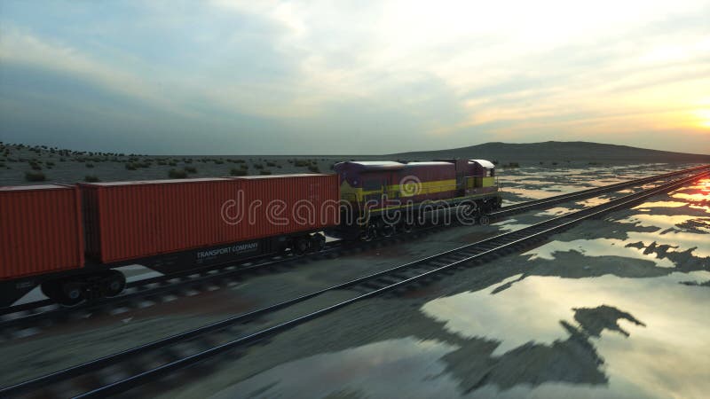 Freight Train with Cargo Containers. Against Sunrise. 3d Rendering ...