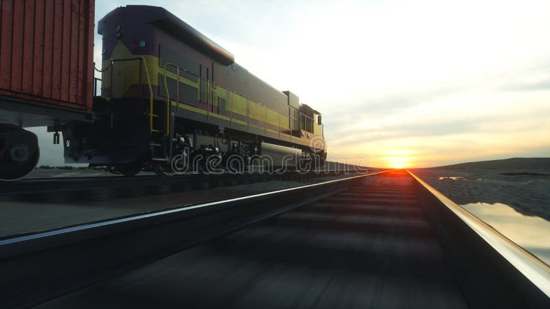 Freight Train with Cargo Containers. Against Sunrise. 3d Rendering ...