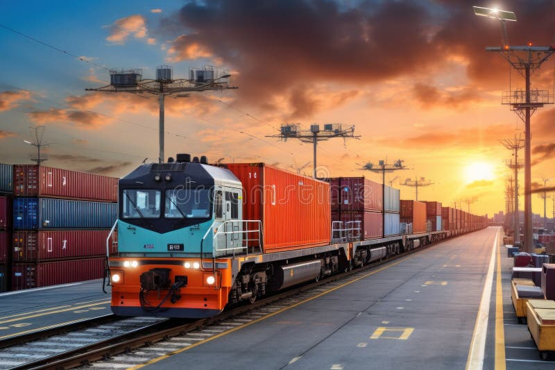 Cargo Train. Freight Train with Cargo Containers. Train Wagons Carrying ...