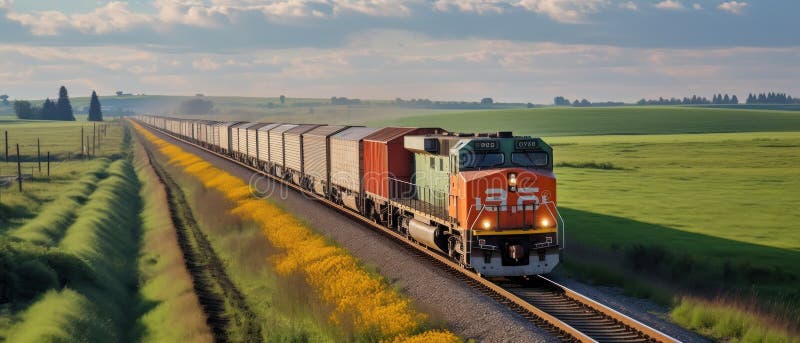 Cargo Train. Freight Train with Cargo Containers. Train Wagons Carrying ...