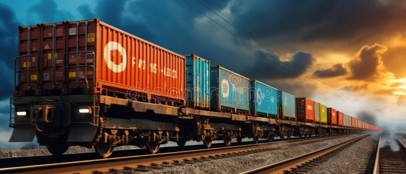 Cargo Train. Freight Train with Cargo Containers. Train Wagons Carrying ...
