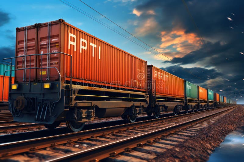 Cargo Train. Freight Train with Cargo Containers. Train Wagons Carrying ...