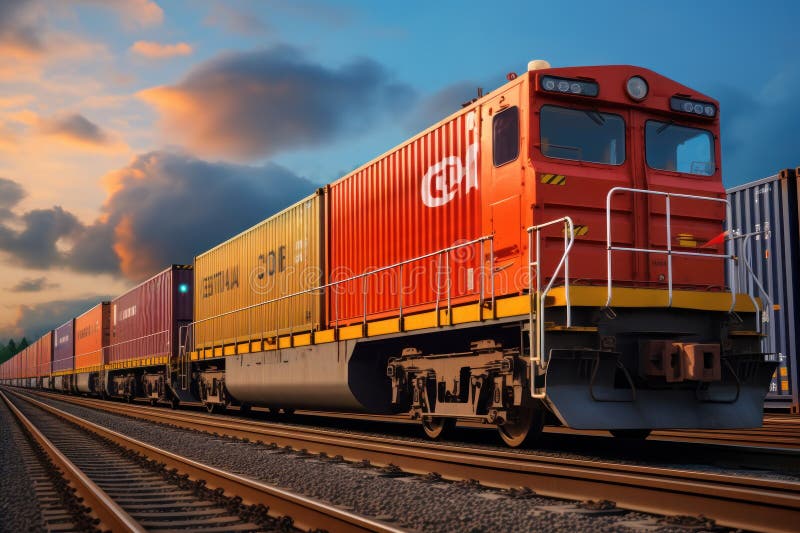 Cargo Train. Freight Train with Cargo Containers. Train Wagons Carrying ...