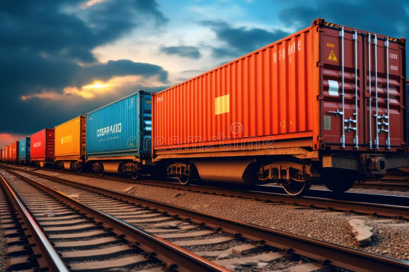 Cargo Train. Freight Train with Cargo Containers. Train Wagons Carrying ...