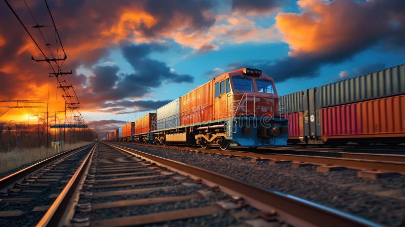 Cargo Train. Freight Train with Cargo Containers. Train Wagons Carrying ...