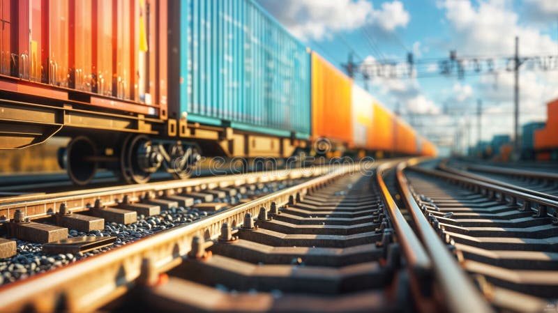 Freight Train with Cargo Containers on Tracks Stock Illustration ...