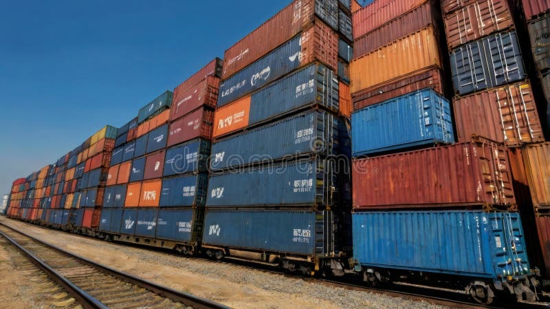 Freight Train Carrying Cargo Containers Leaving Import Export Facility ...