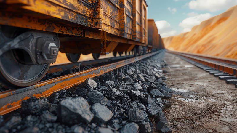 A Freight Train Carrying Cargo through a Desolate Landscape. the Wheels ...