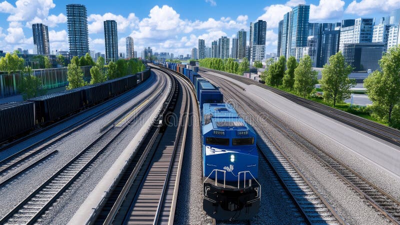 Freight Train Cityscape Modern City Railway Freight Train ...