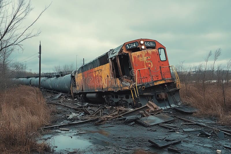Freight Train Derailed in a Modern Accident with Destruction Visible in ...