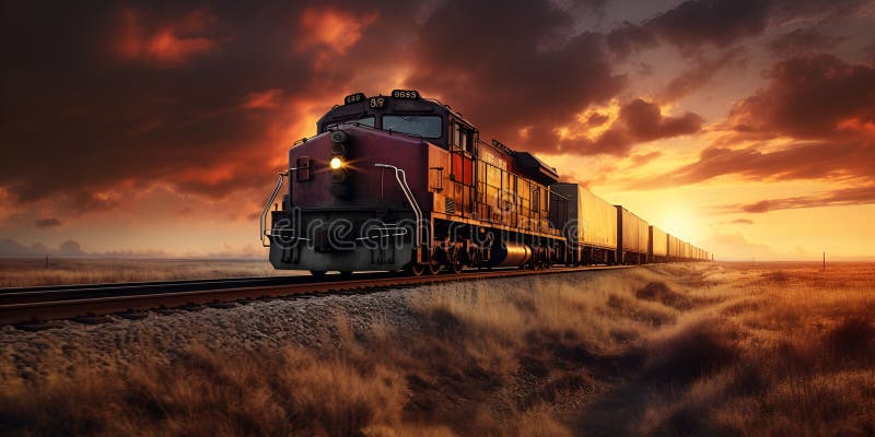 Freight Train in the Desert during Sunset Stock Illustration ...