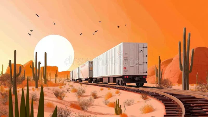 Freight Train in Desert at Sunset Stock Illustration - Illustration of ...