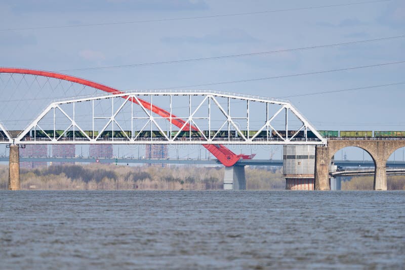 Freight Train Rides Over the Bridge Stock Image - Image of passing ...