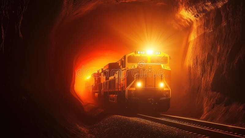 Freight Train Emerging from a Dark Tunnel with Bright Headlights ...