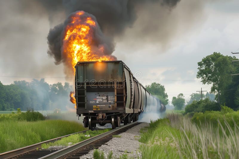 Freight Train with a Fiery Explosion on the Tracks Stock Photo - Image ...