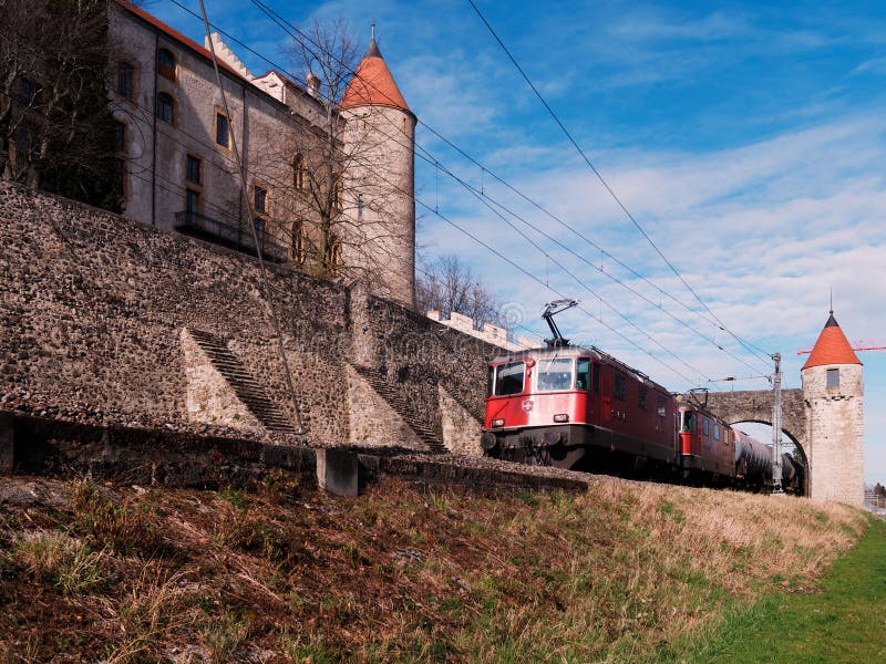 Freight Train Going through the Medieval Gate of the Grandson Castle ...