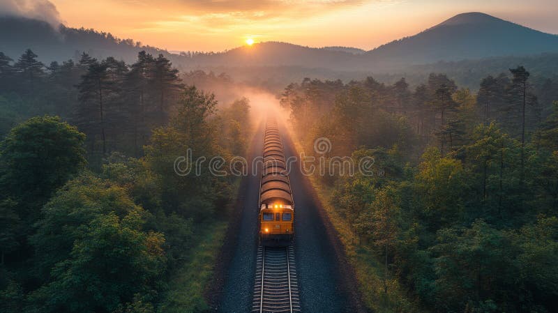 Freight Train Journey through Misty Sunrise Forest Stock Illustration ...