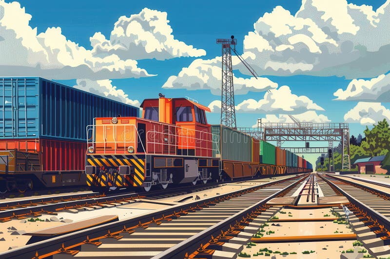 A Freight Train Loaded with Colorful Containers is at a Railway Station ...