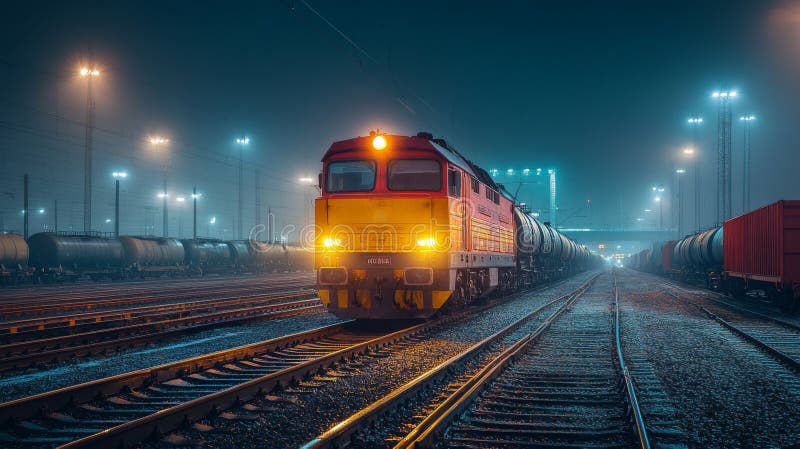 Freight Train Maneuvering through an Industrial Rail Yard at Night ...