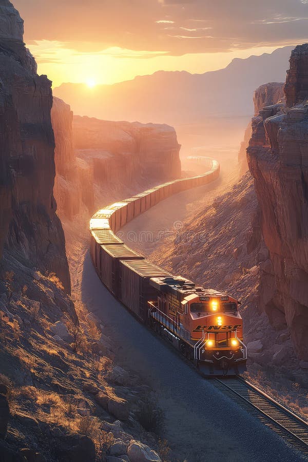 Freight Train in Mountain Pass Stock Illustration - Illustration of ...