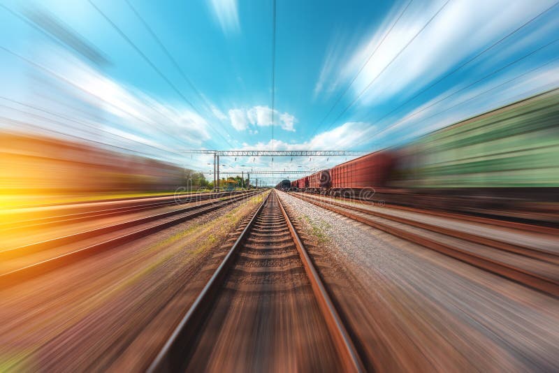 Freight Train Moves with Speed by Rail Stock Photo - Image of ...