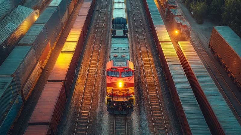 Freight Train Moving through Intermodal Yard with Cargo Containers ...