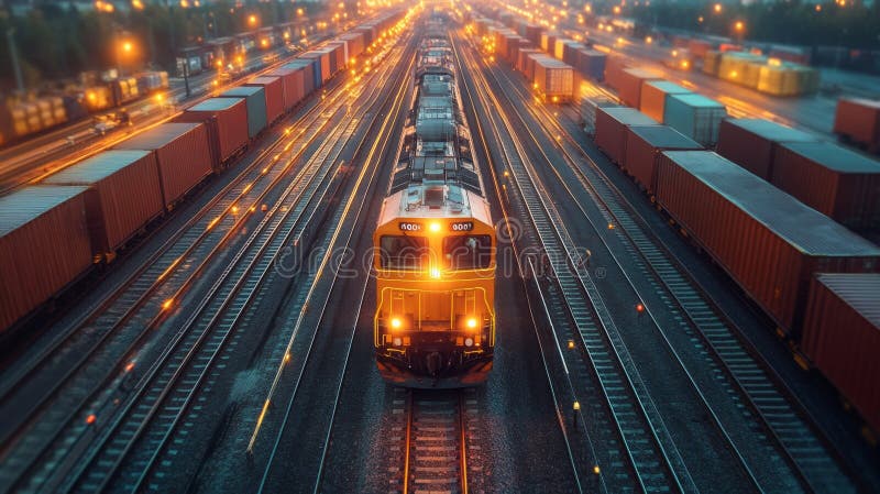 Freight Train Navigating through a Busy Intermodal Yard at Dusk with ...