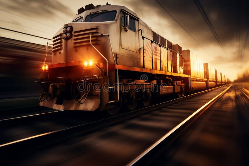 A Freight Train Passes at High Speed at Sunset. Stock Illustration ...