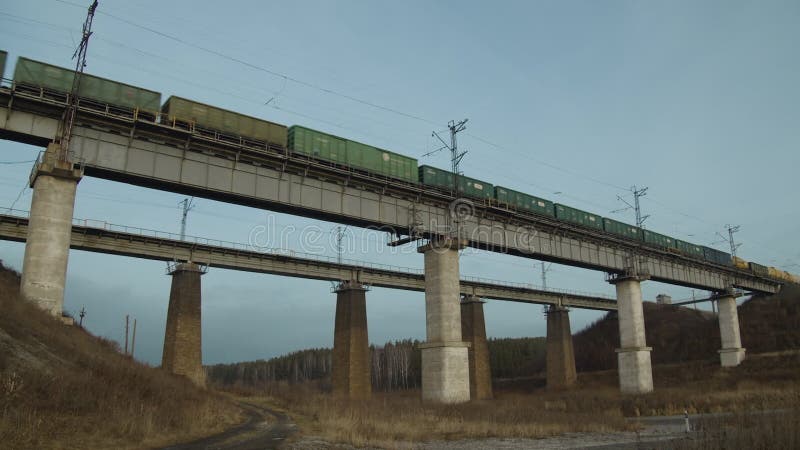 Freight Train Passes on a Railway Bridge with Columns Stock Video ...