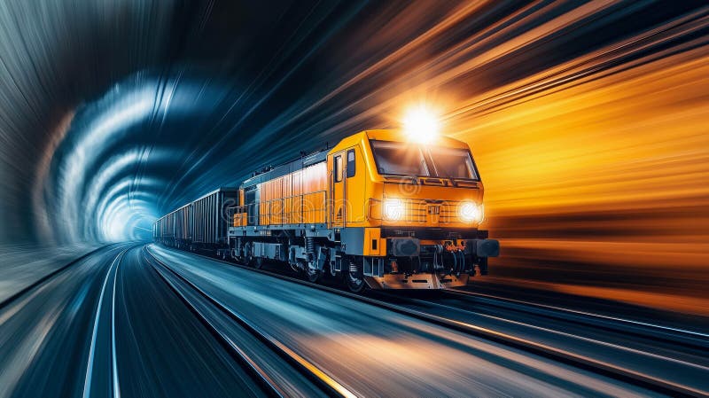 Freight Train Passing through Illuminated Tunnel at High Speed Stock ...