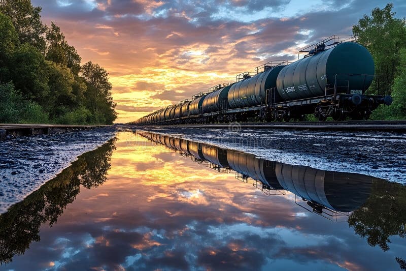 Freight Train Passing by at Sunset Reflecting in a Puddle Stock Image ...